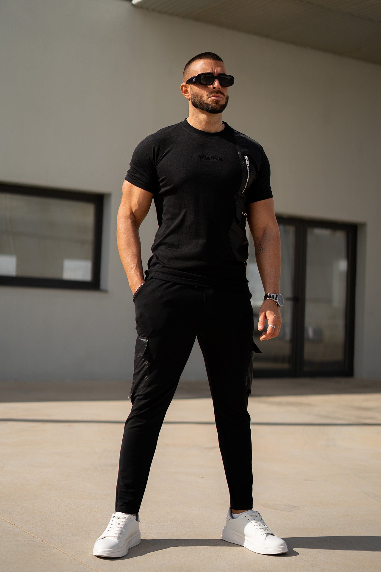 Nextage Black Tonal Embroidered Tracksuit | Summer Track suit for Mens