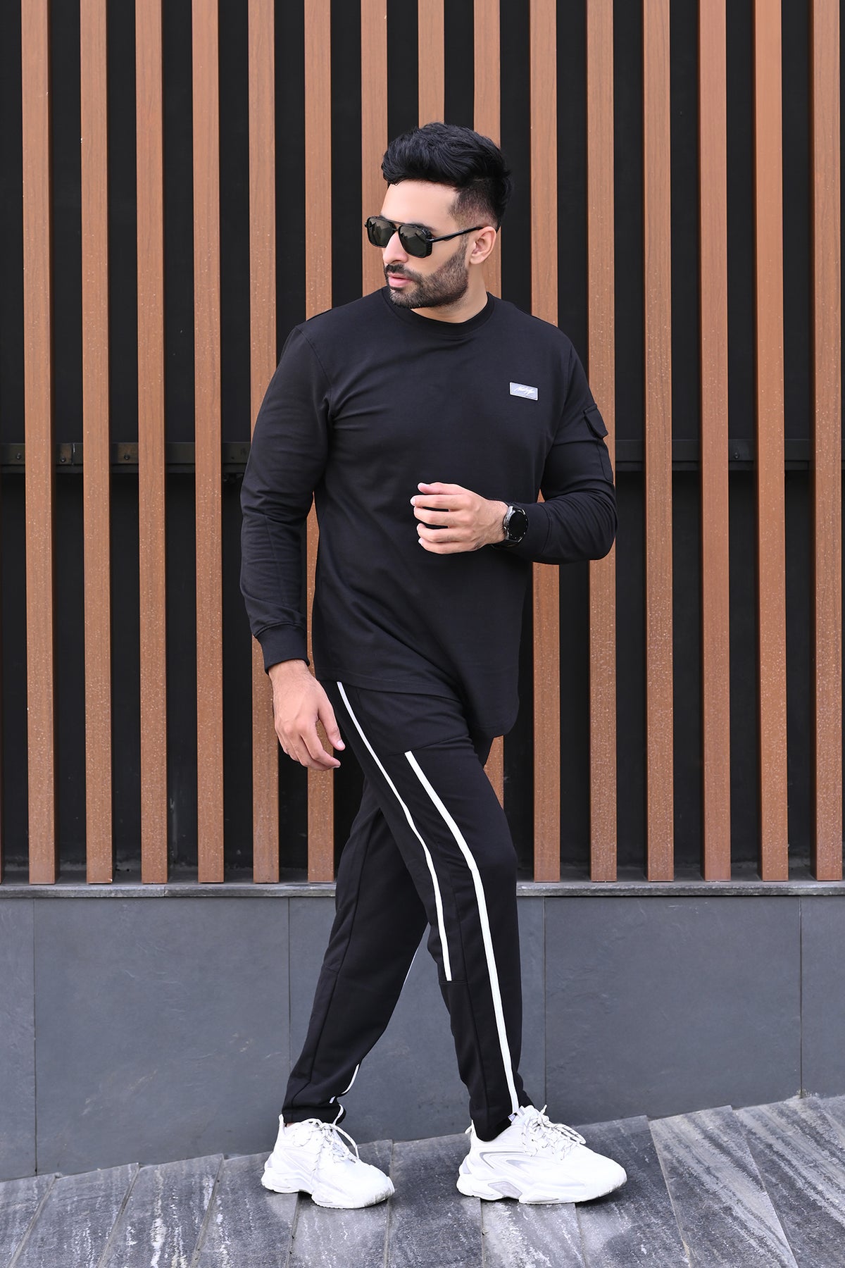Black Sleeve Pocket Detail & Side Stripe Tracksuit - Men's Black Winter ...