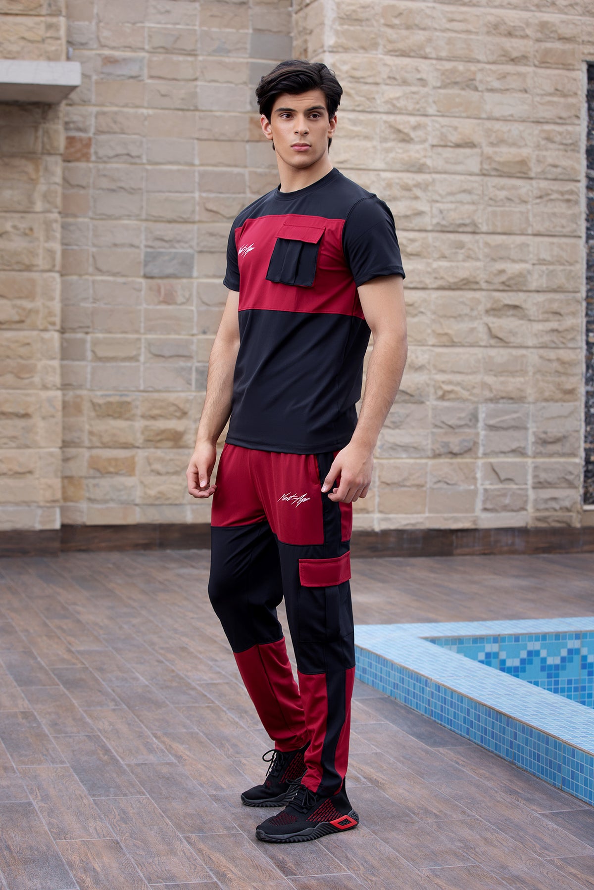 Super Stretch Maroon Black Cargo Tracksuit - Nextage Sportswear Tracksuit