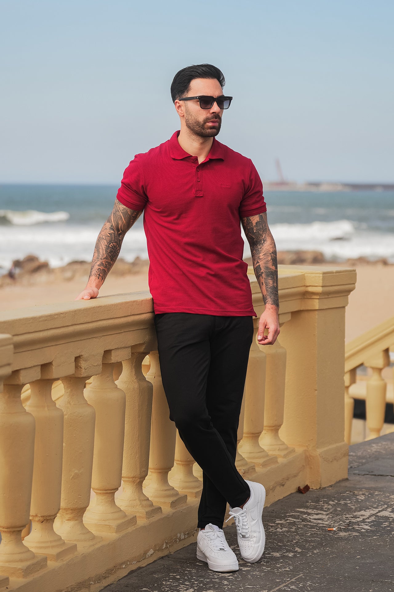 Nextage Oxblood Polo Contras Black Pant Trouser Co-Ord Set - Men Summer ...
