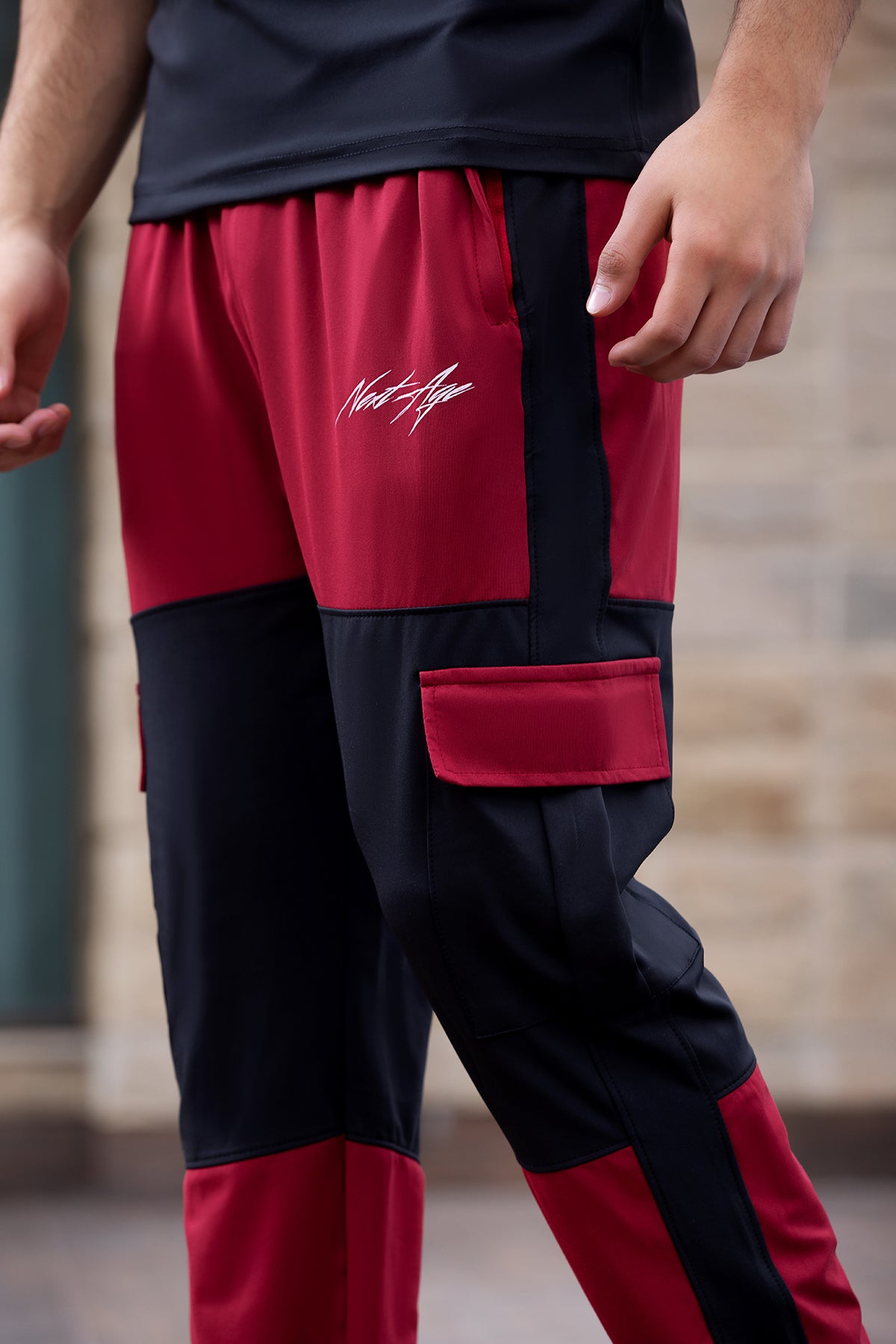 Super Stretch Maroon Black Cargo Tracksuit - Nextage Sportswear Tracksuit