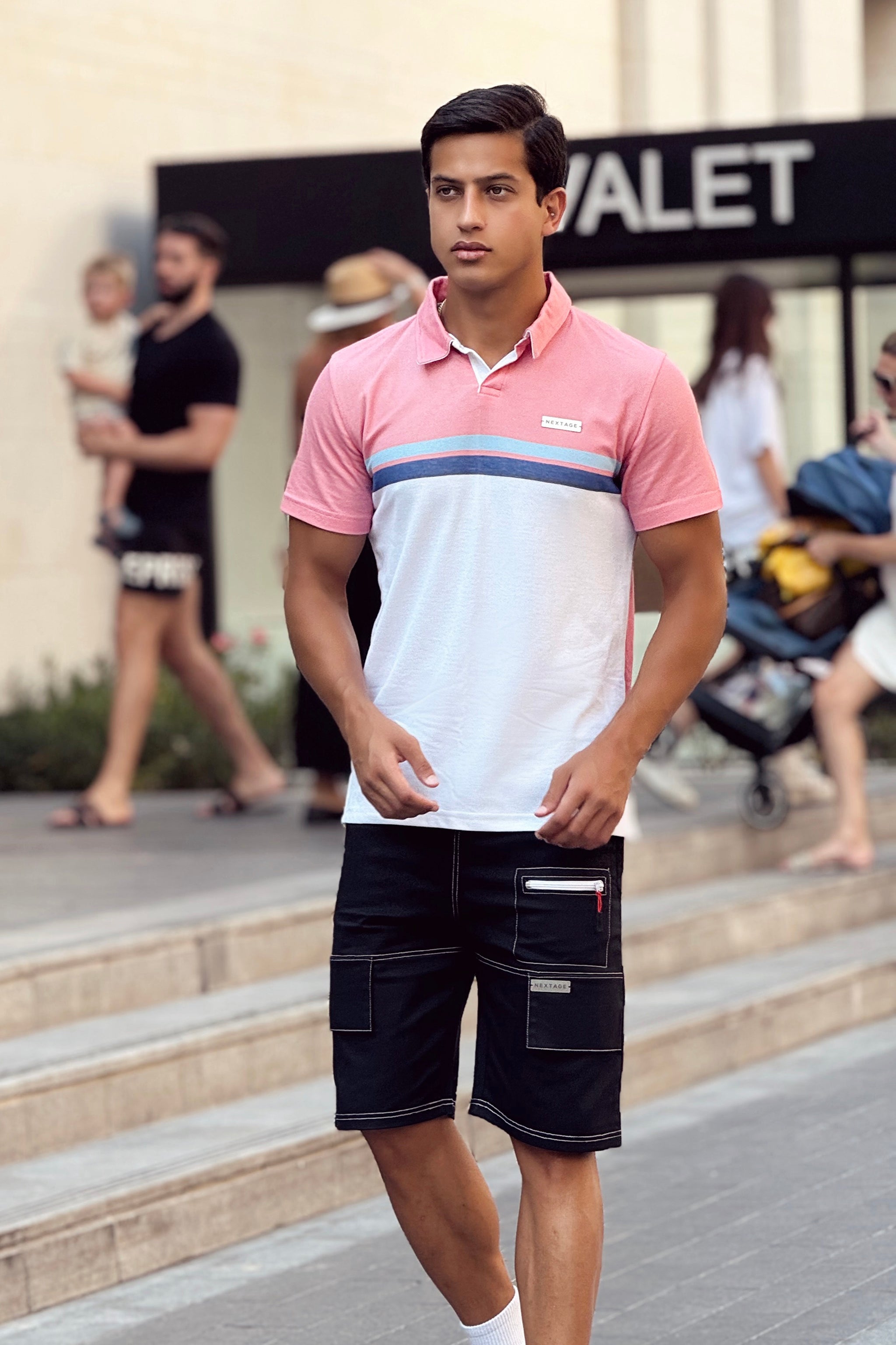 Nextage Pink Dyed Stripe Polo Cargo Short Set - Men Polo Shirt Short Sets