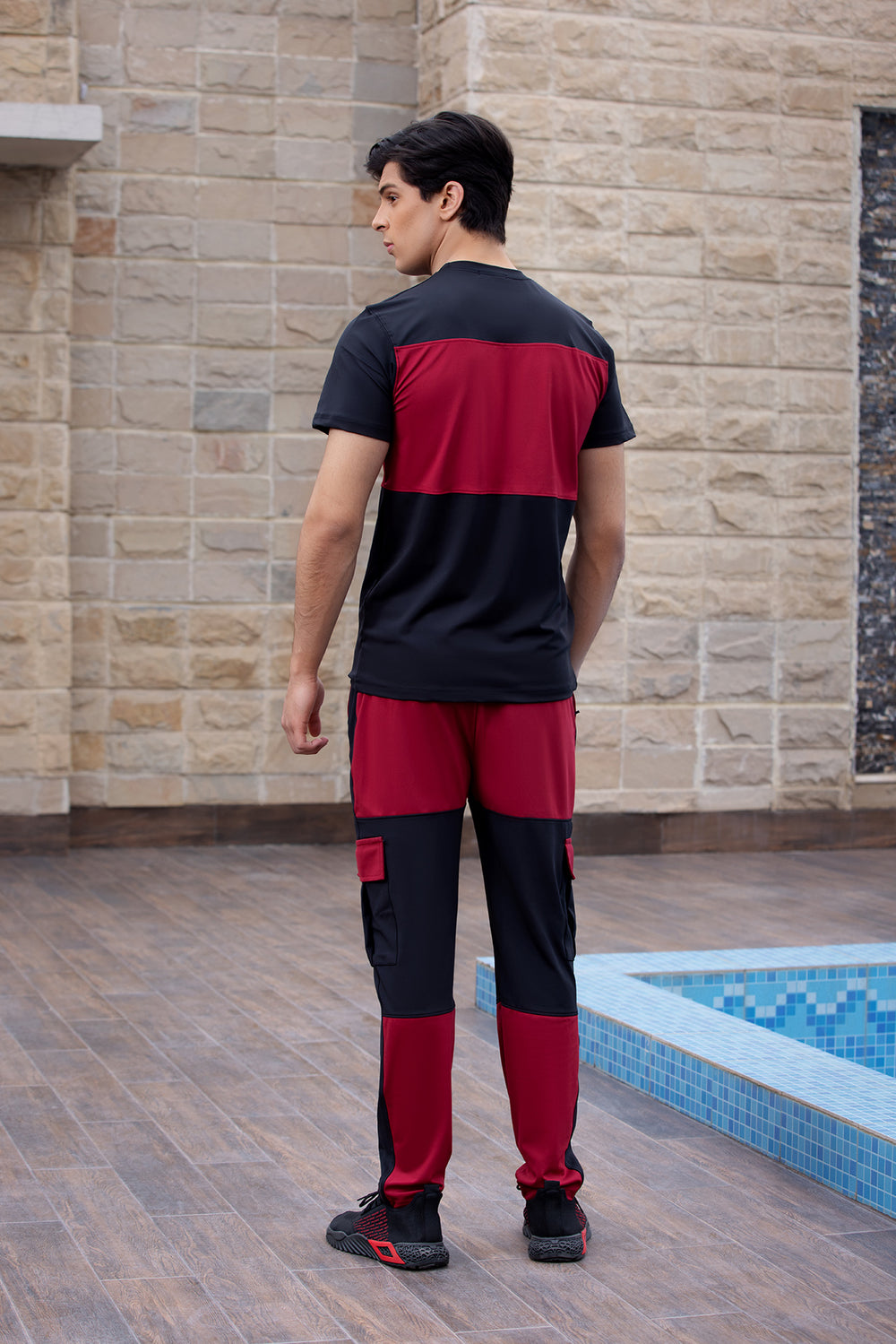 Super Stretch Maroon Black Cargo Tracksuit - Nextage Sportswear Tracksuit