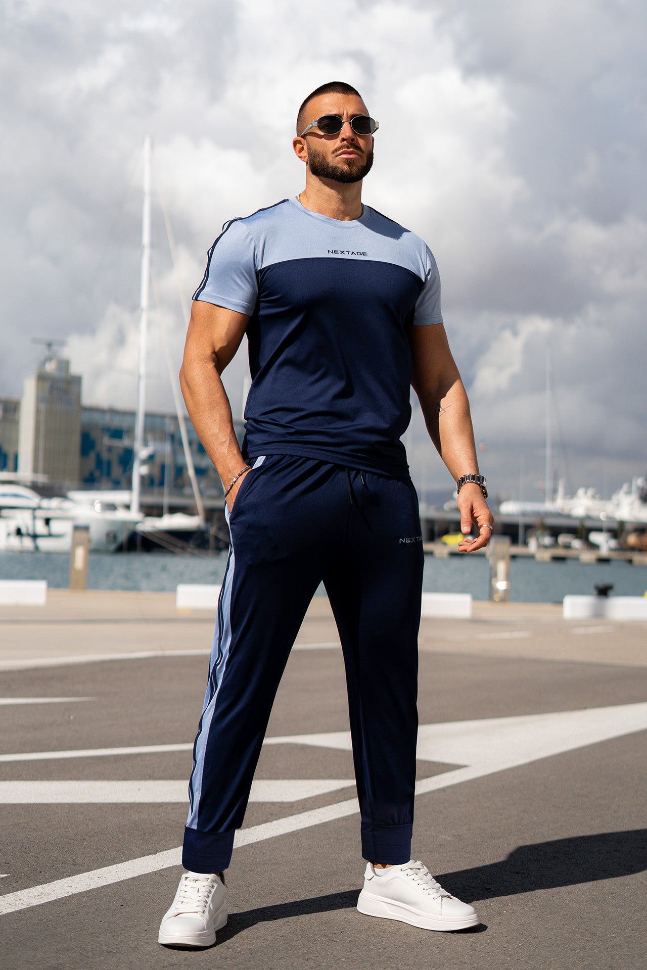 Nextage Navy Luxe Stretch Dri-Fit Tracksuit - Men Summer Sports Tracksuit