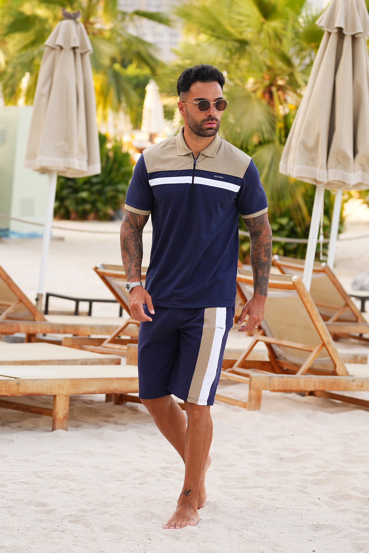 Nextage Premium Beige Blue Short Set - Summer Short Sets Tracksuit For ...