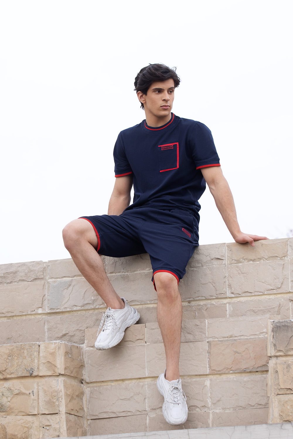 NAVY RED CONTRAST POCKET DETAIL SHORT SET - Men's Short Sets - NextAge