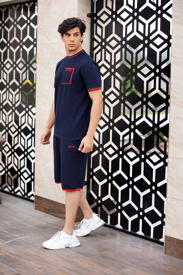 NAVY RED CONTRAST POCKET DETAIL SHORT SET - Men's Short Sets - NextAge