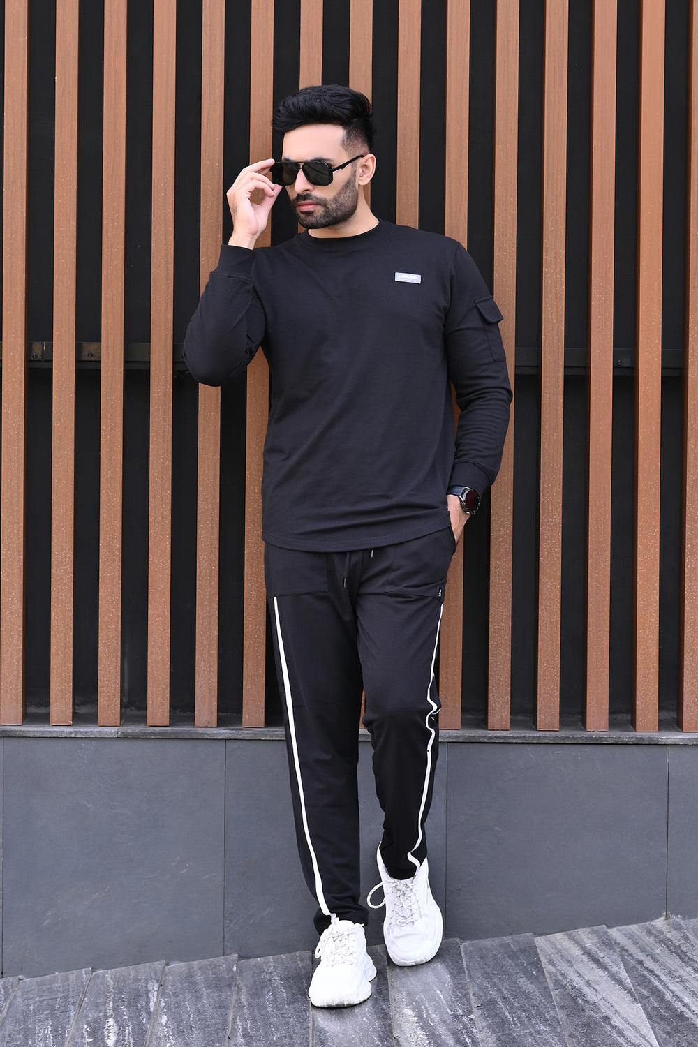 Black Sleeve Pocket Detail & Side Stripe Tracksuit - Men's Black Winter ...